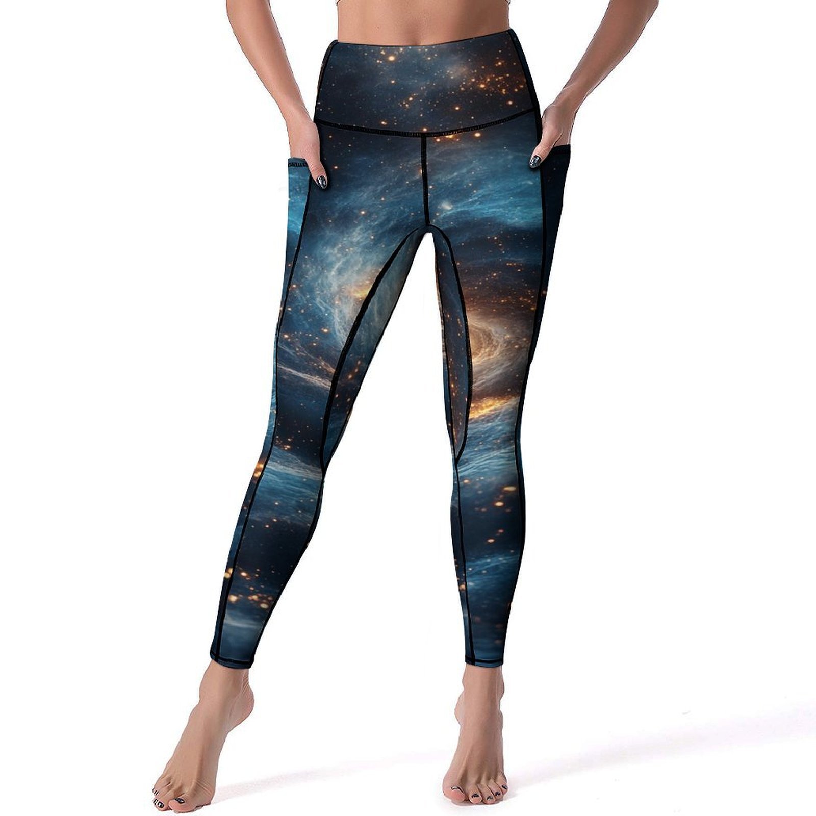 Blue And Teal Nebula with Golden Particles Leggings Fitness Gym Yoga ...
