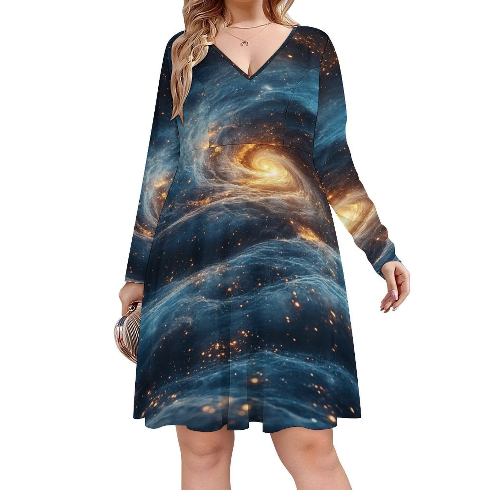 Blue And Teal Nebula with Golden Particles Long Sleeve Dresses For ...