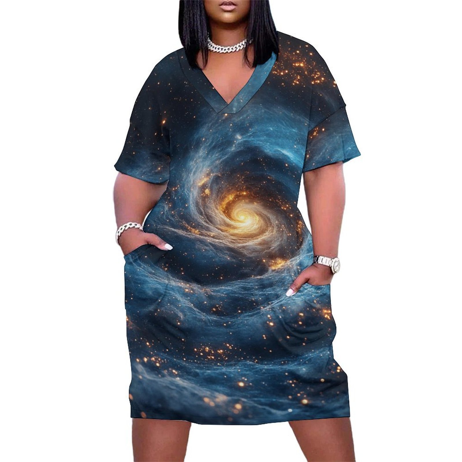 Blue And Teal Nebula with Golden Particles Loose Pocket Dress Dresses ...