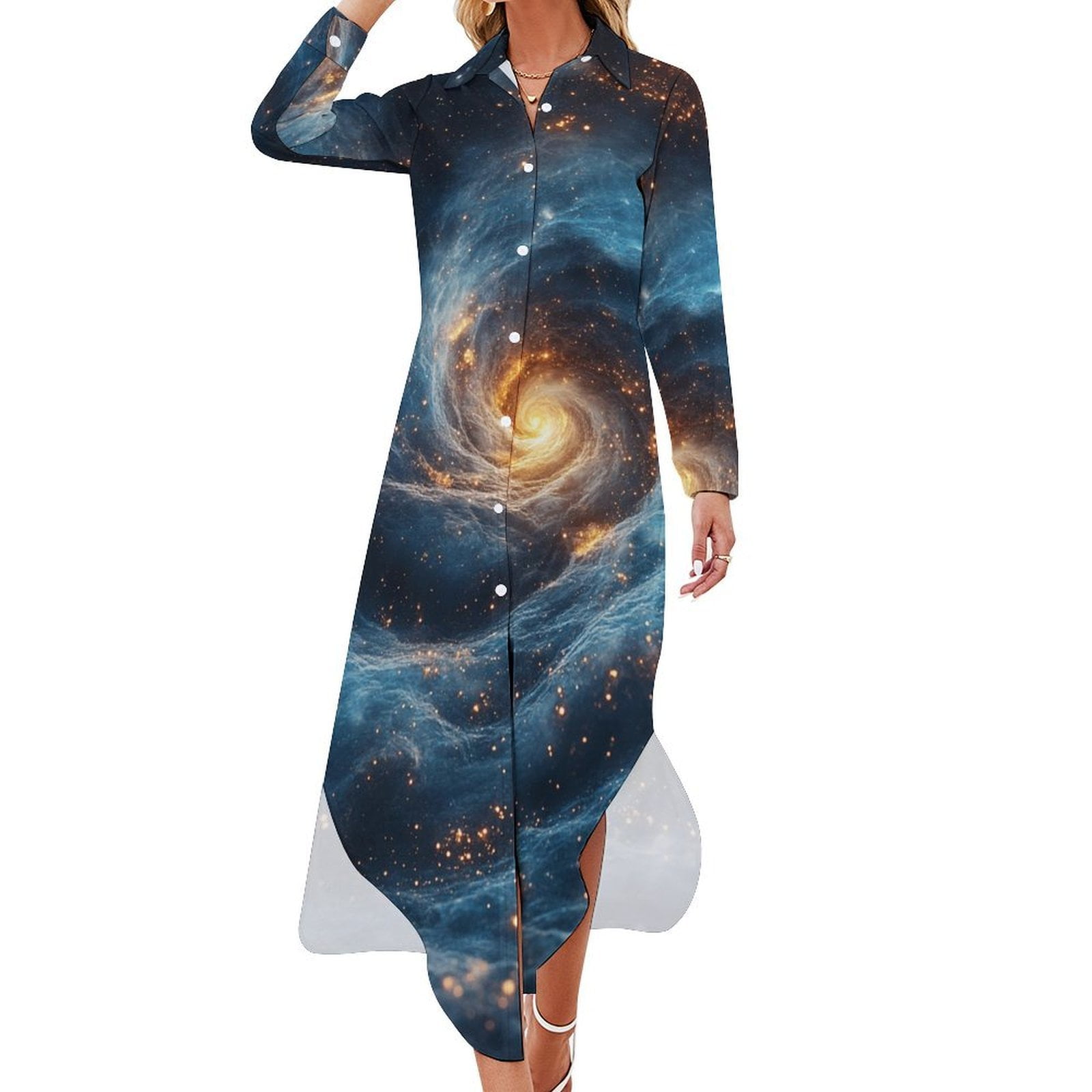 Blue And Teal Nebula with Golden Particles Shirt Dress Long Sleeve ...