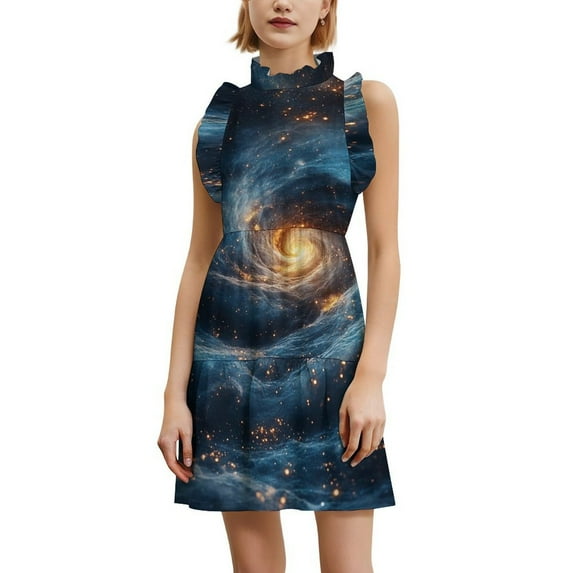 Blue And Teal Nebula with Golden Particles Women's Fashion Casual Dress ...