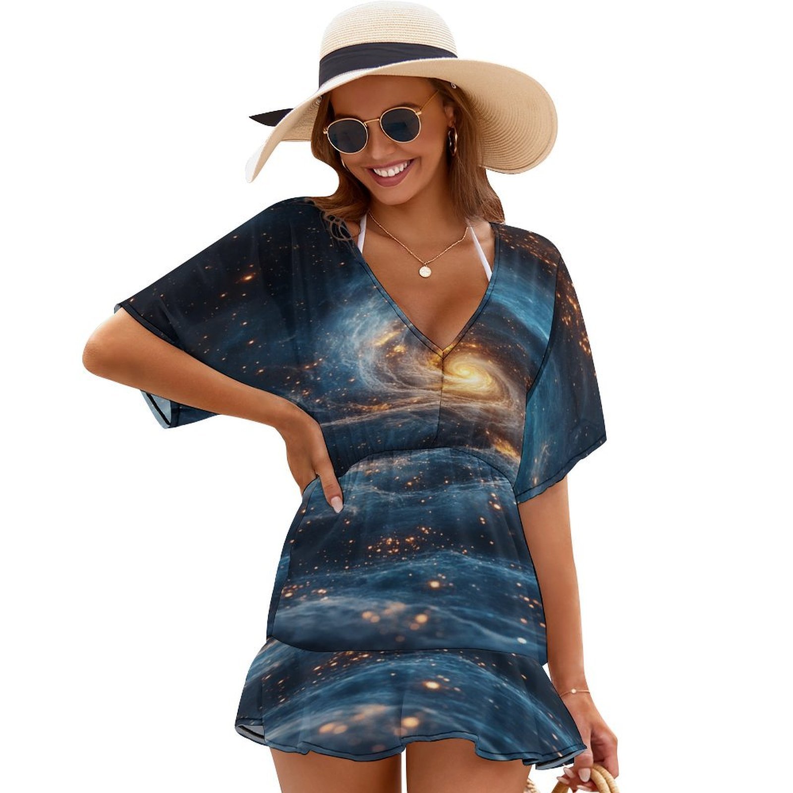 Blue And Teal Nebula with Golden Particles Women's Luxury Party Dress ...