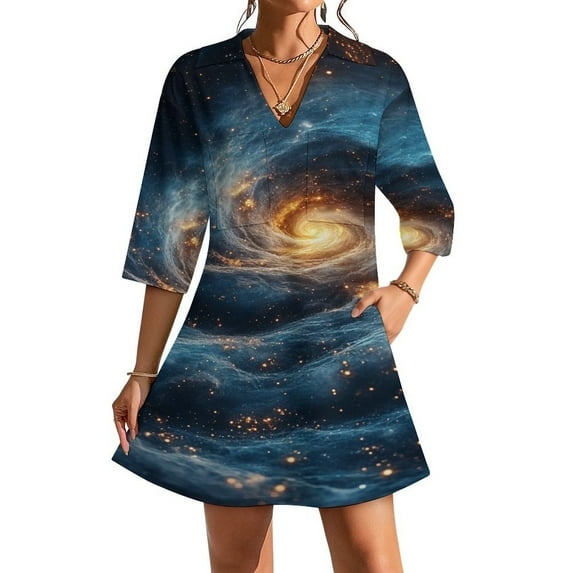 Blue And Teal Nebula with Golden Particles Womens Dress With Pockets ...
