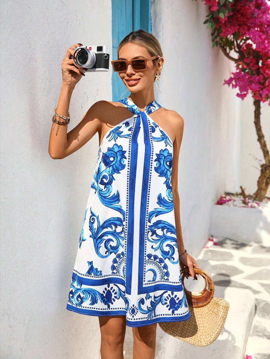 Blue And White Baroque Print Halter Neck A-Line Mini Sundress For ...