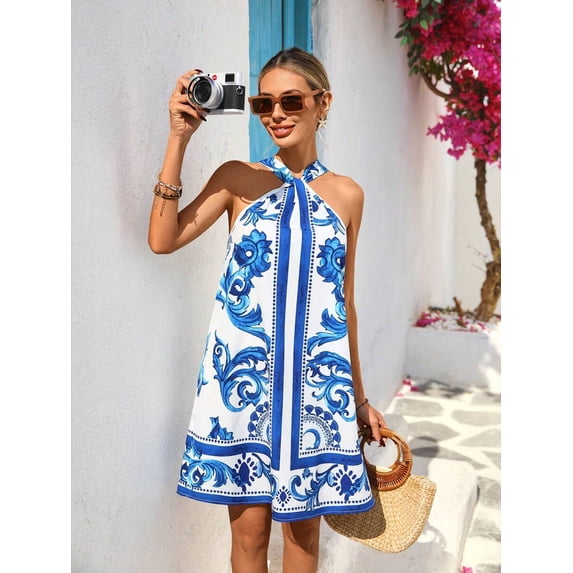 Blue And White Baroque Print Halter Neck A-Line Mini Sundress For ...