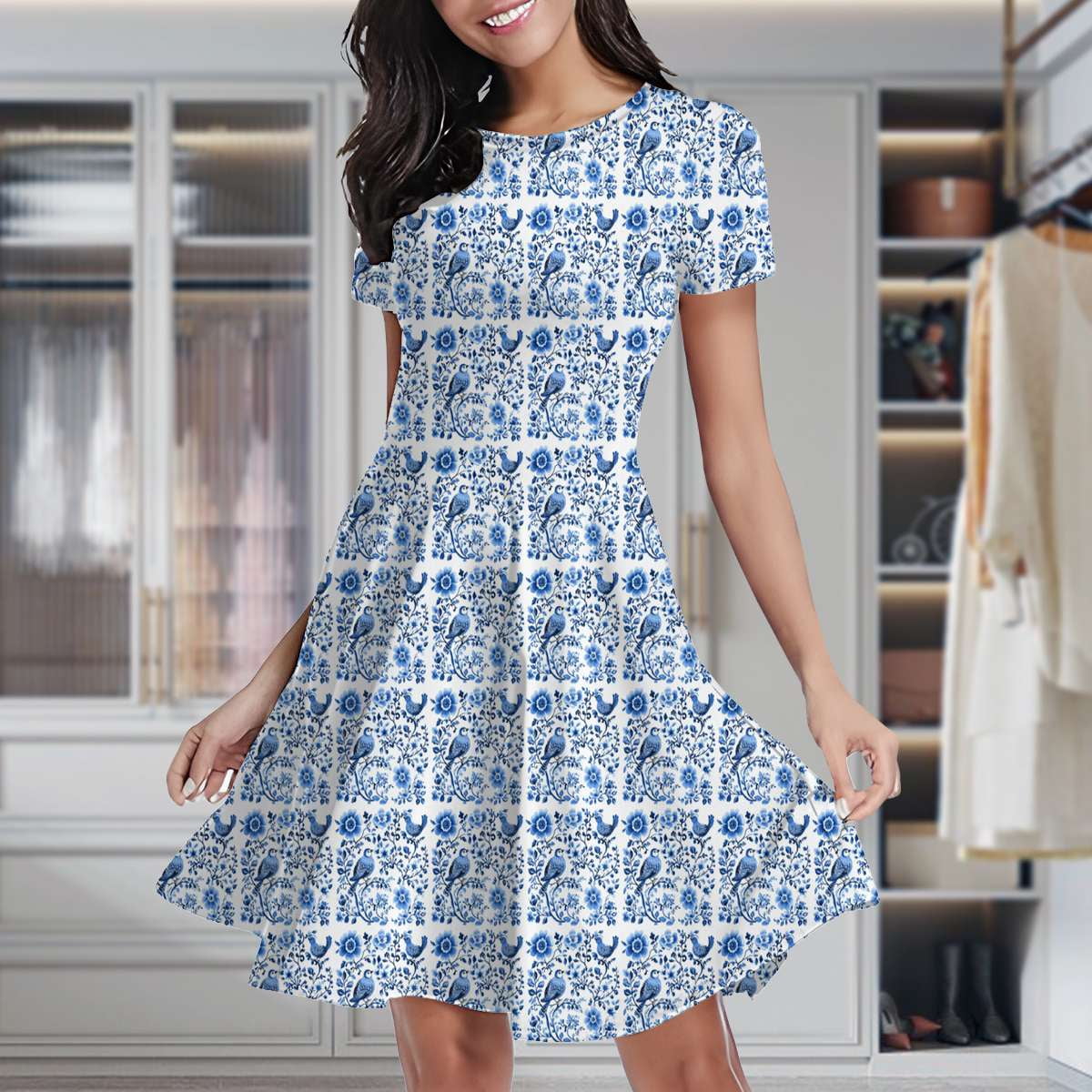 Blue And White Chinoiserie Bird Flower Women's Classic Swing Skater ...