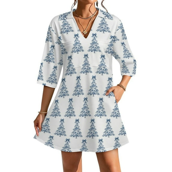 Blue And White Chinoiserie Christmas Tree Womens Dress With Pockets ...