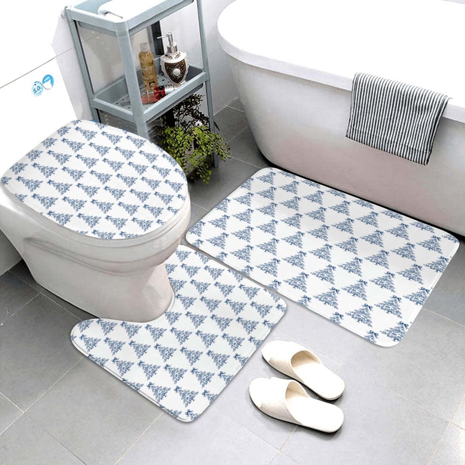 Blue And White Chinoiserie Christmas tree Bath Mat Set 3 Piece Non Slip ...