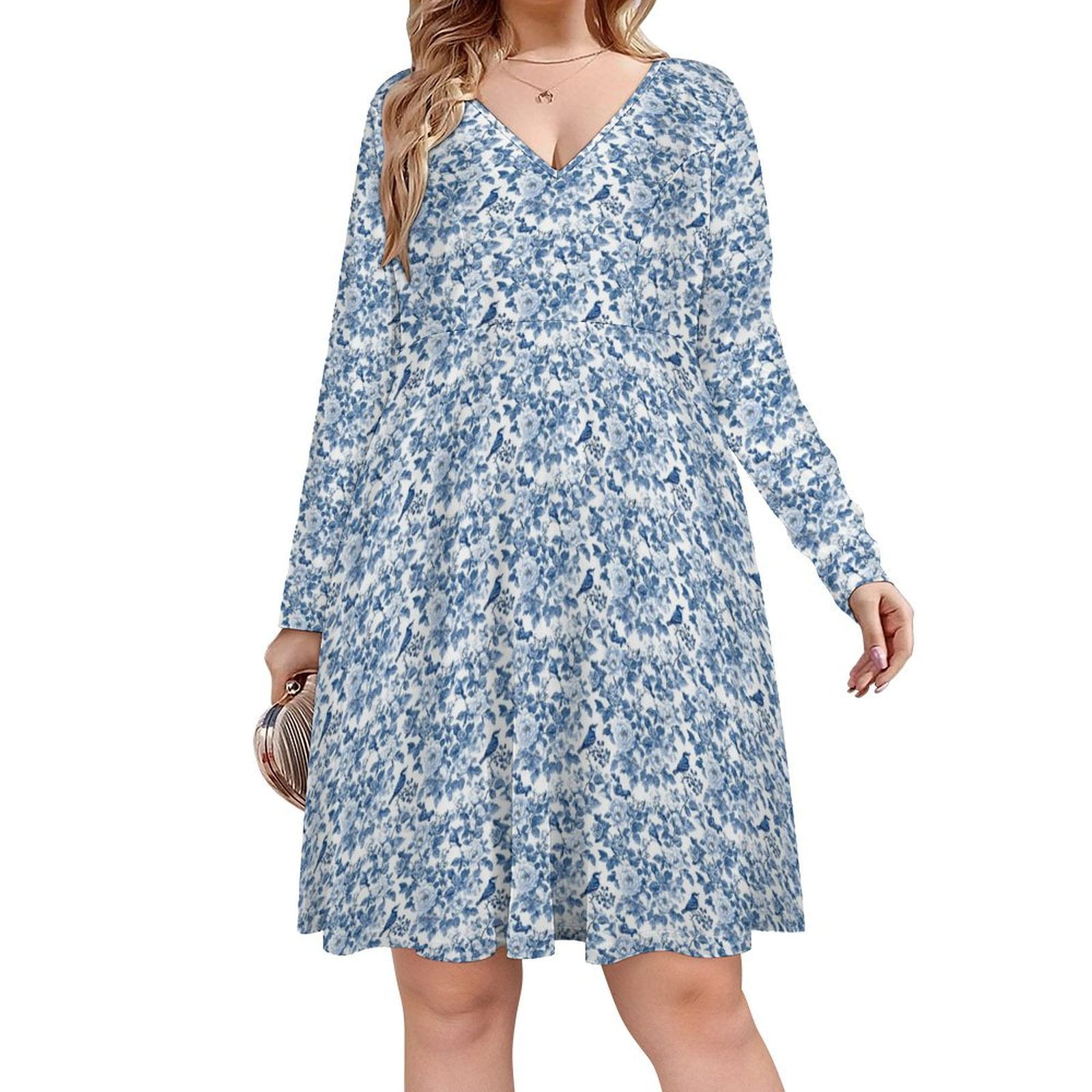 Blue And White Chinoiserie Flower Bird Long Sleeve Dresses For Women ...