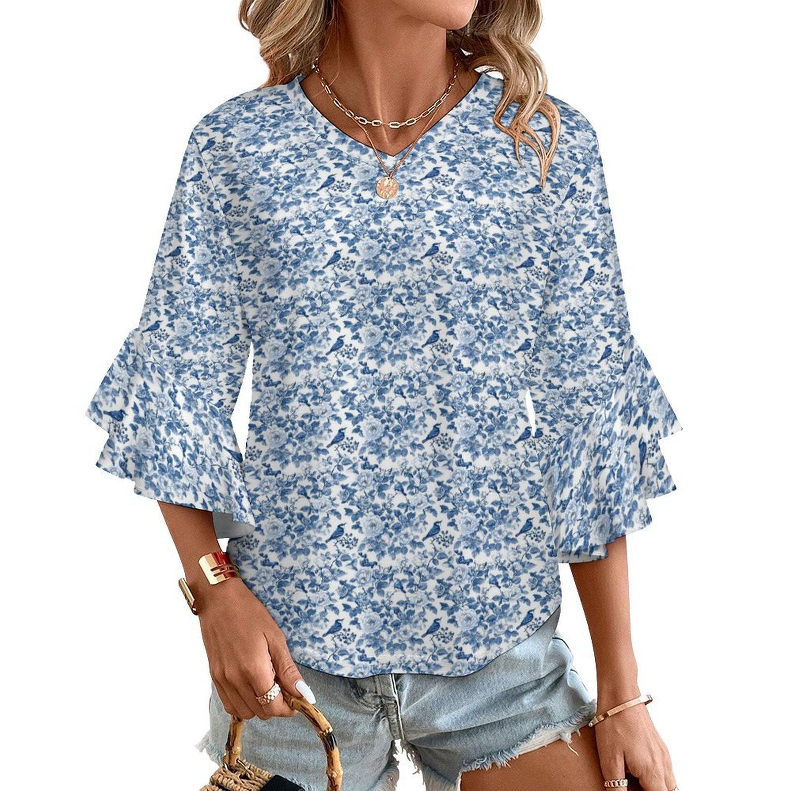 Blue And White Chinoiserie Flower Bird Women's V-Neck Blouse With 3/4 ...