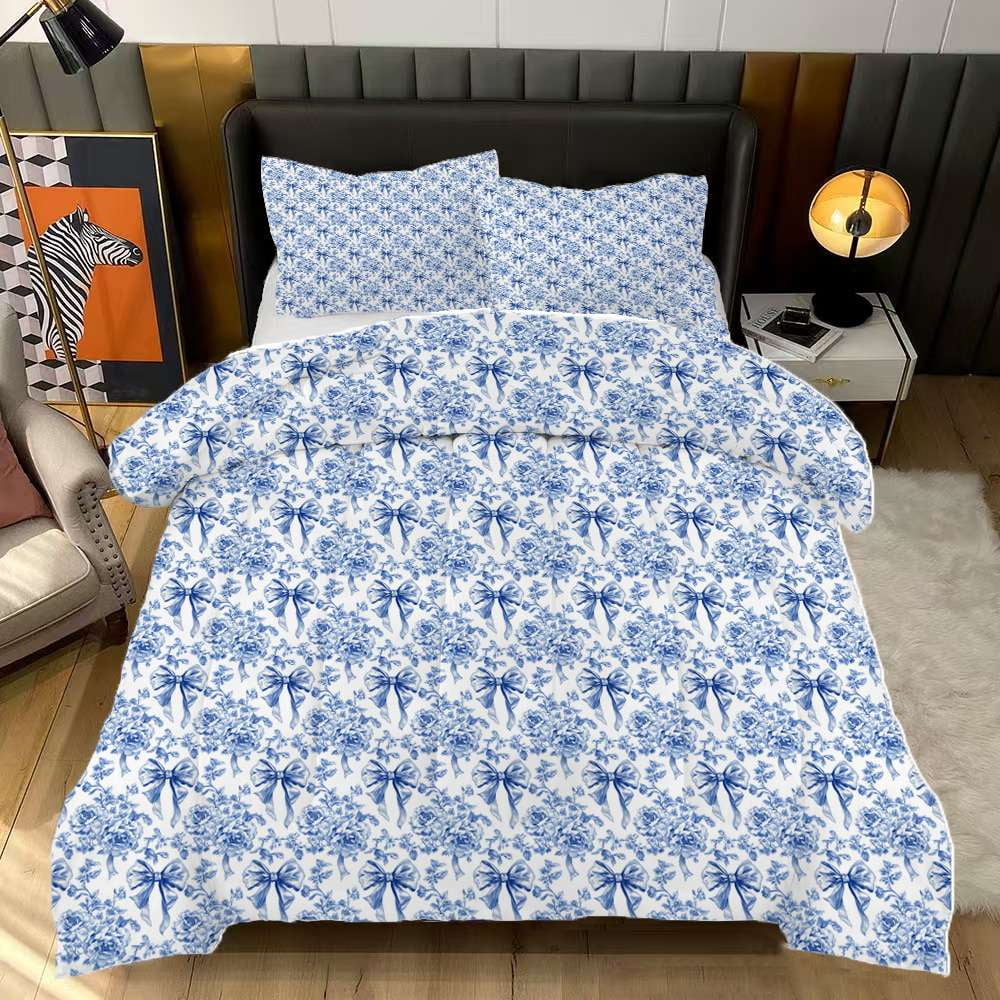 Blue And White Chinoiserie Flower Bow Comforter Set Queen Size Bedding ...