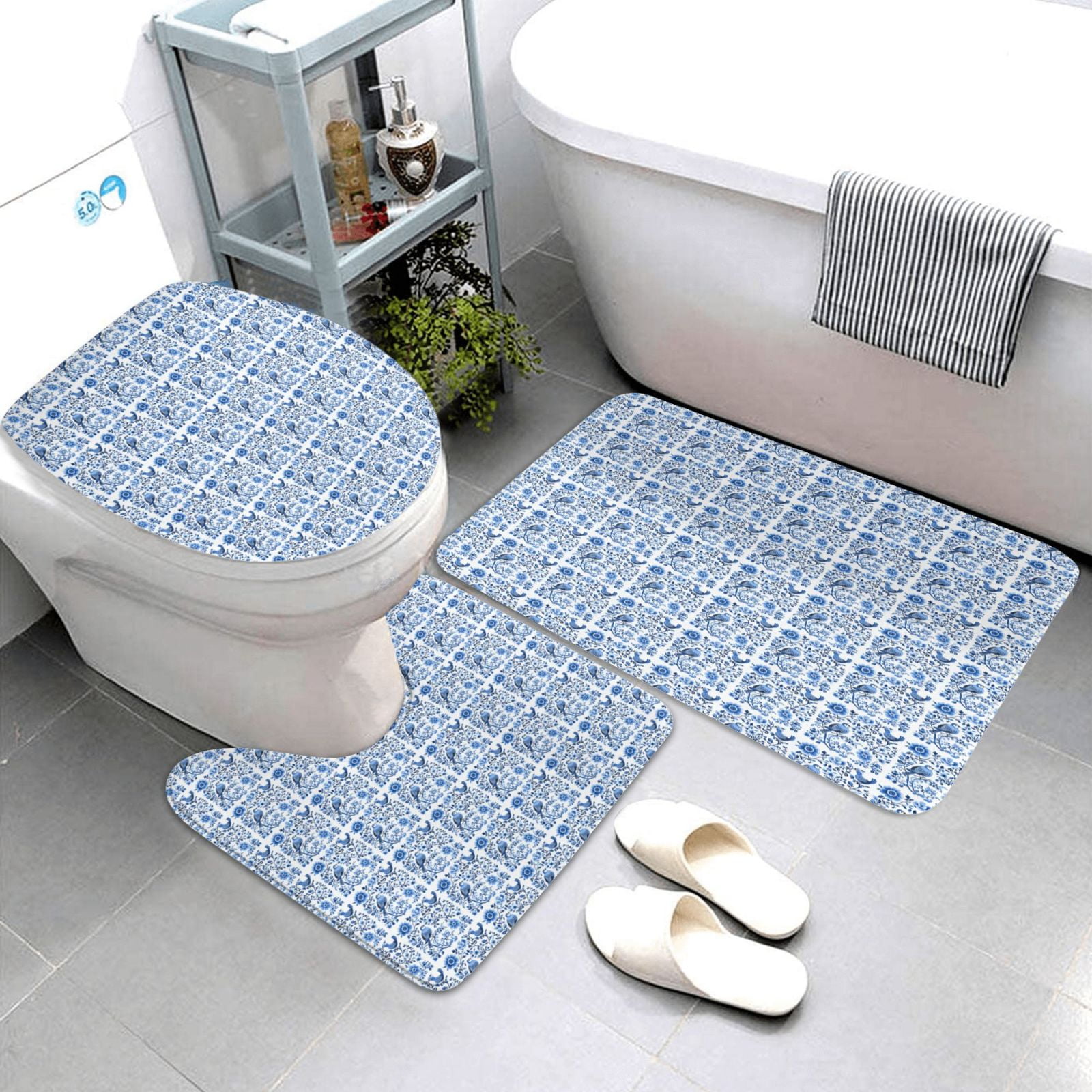 Blue And White Chinoiserie bird Flower Bath Mat Set 3 Piece Non Slip ...