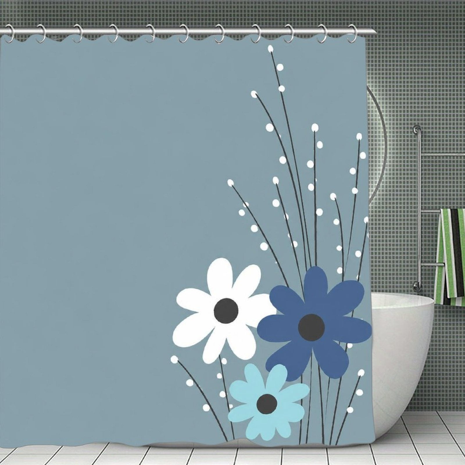 Blue And White Daisies Corner Bouquet Print Shower Curtain,Cloth Fabric ...
