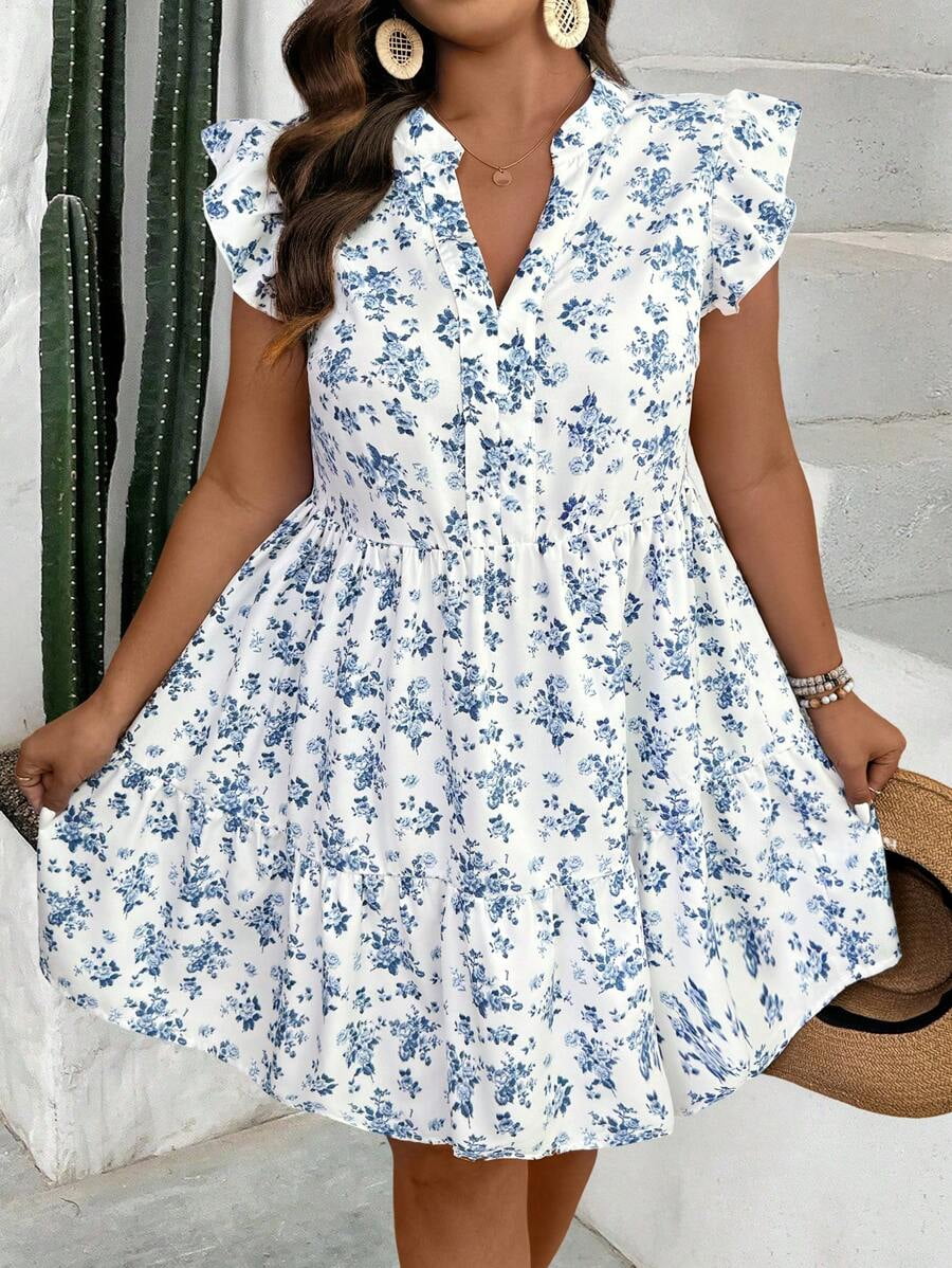 Blue And White Ditsy Floral Cap Sleeve A-Line Casual Dress For Women ...