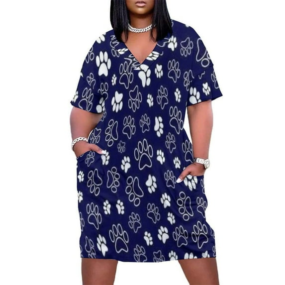 Blue And White Dog Paws on Dark Blue Background Loose Pocket Dress ...