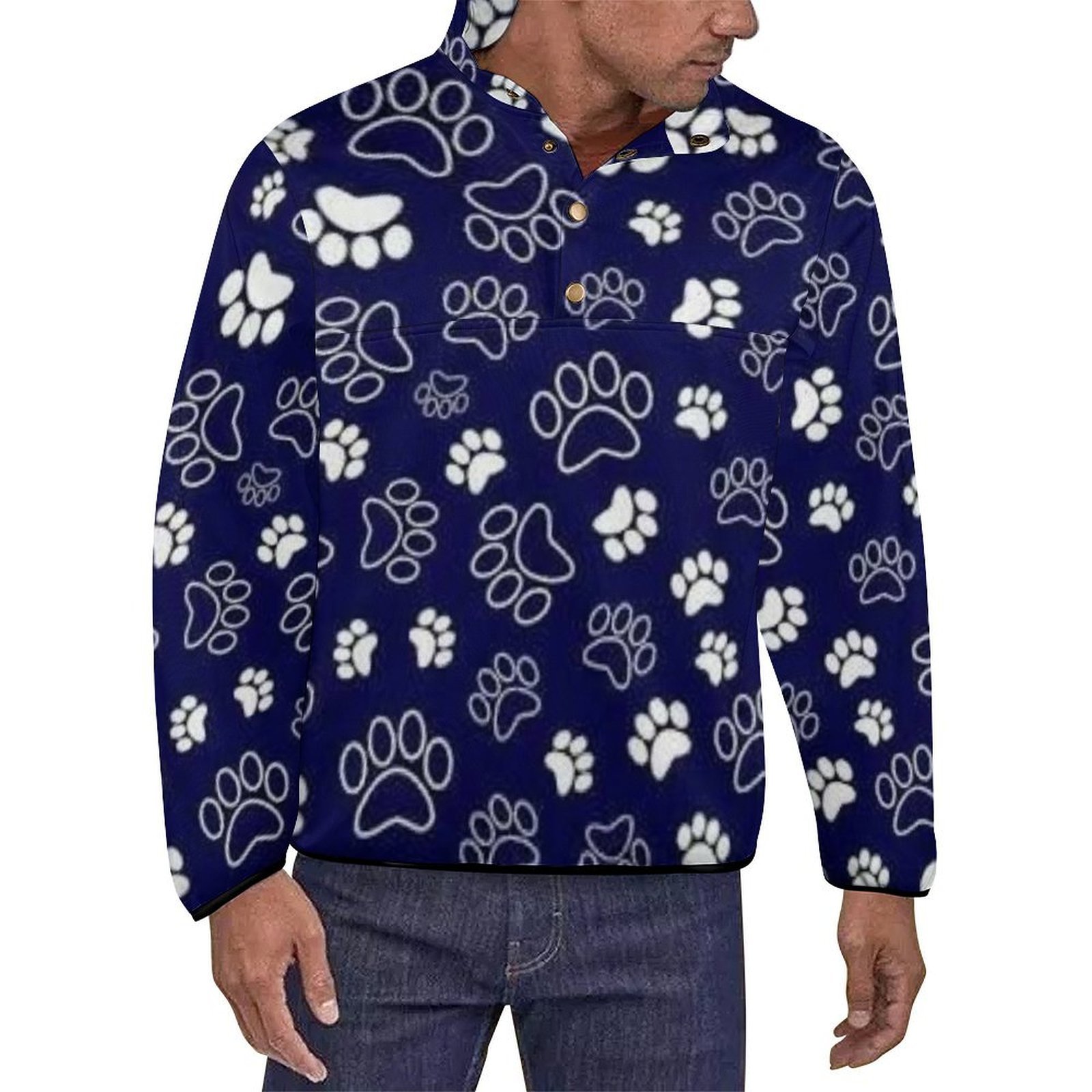 Blue And White Dog Paws on Dark Blue Background Men's Stand Collar ...