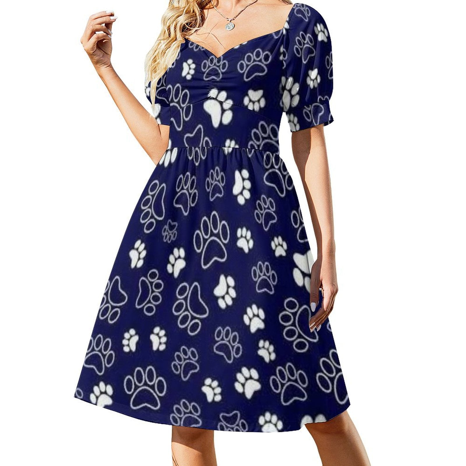 Blue And White Dog Paws on Dark Blue Background Short Sleeve Dress ...