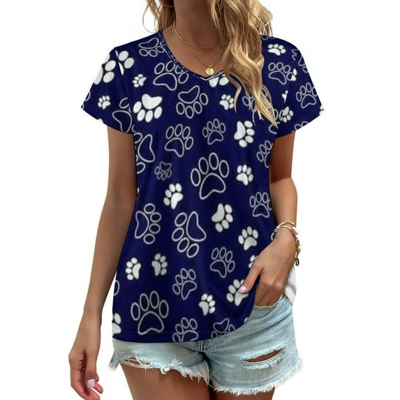 Blue And White Dog Paws on Dark Blue Background Women's Blouse Short ...