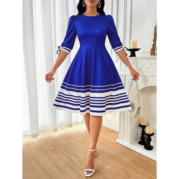 Blue And White Fit And Flare Midi Dress With Striped Hem And Tie Cuffs ...