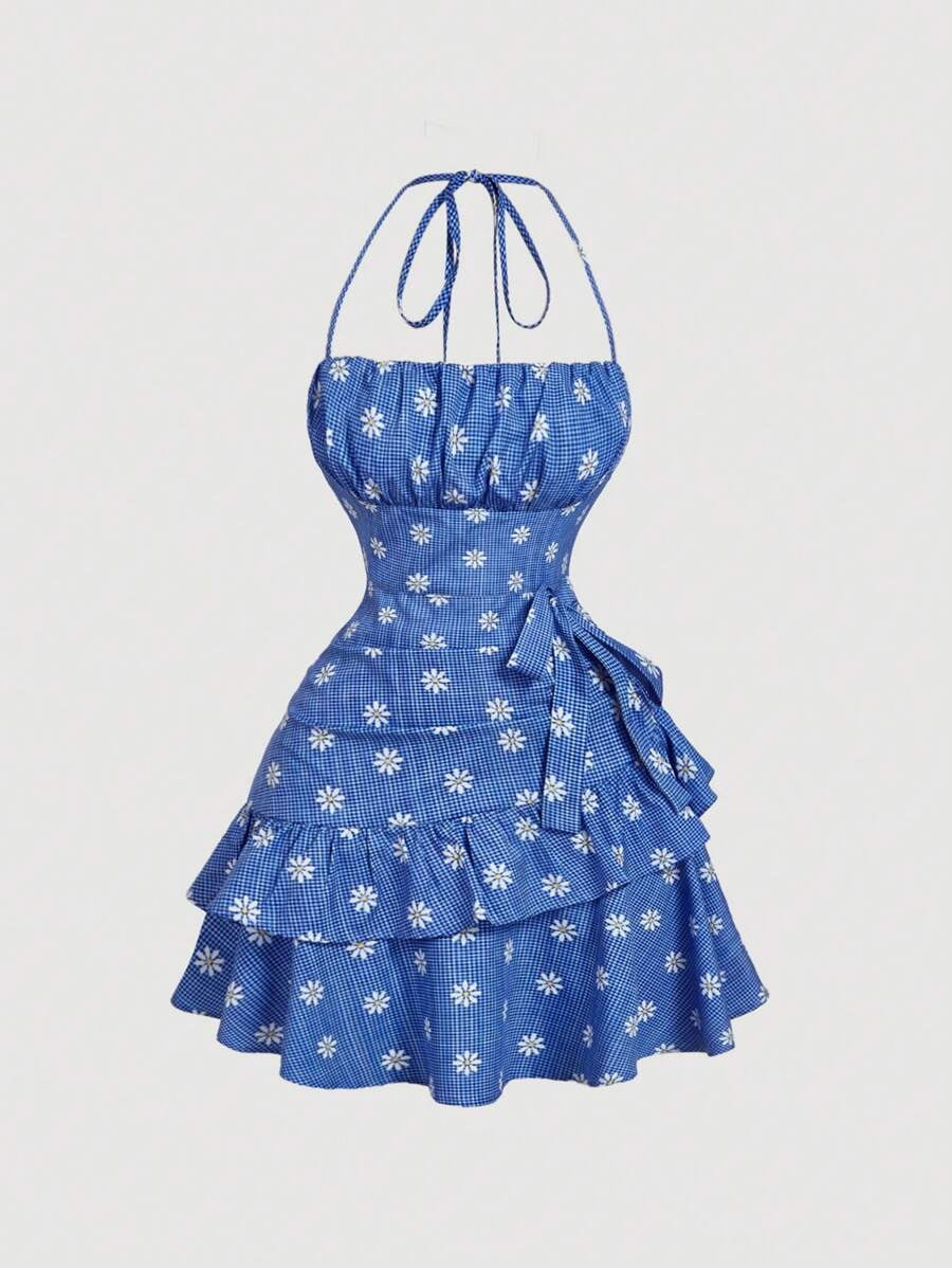 Blue And White Floral Gingham Halter Neck Ruffle Mini Dress With Waist ...