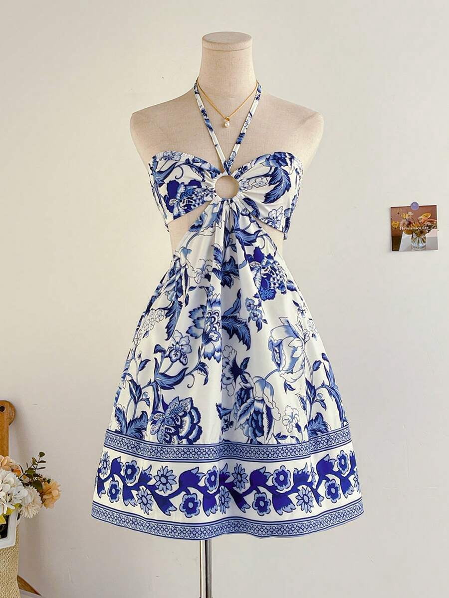 Blue And White Floral Halter Mini Dress With Front Knot Detail For ...