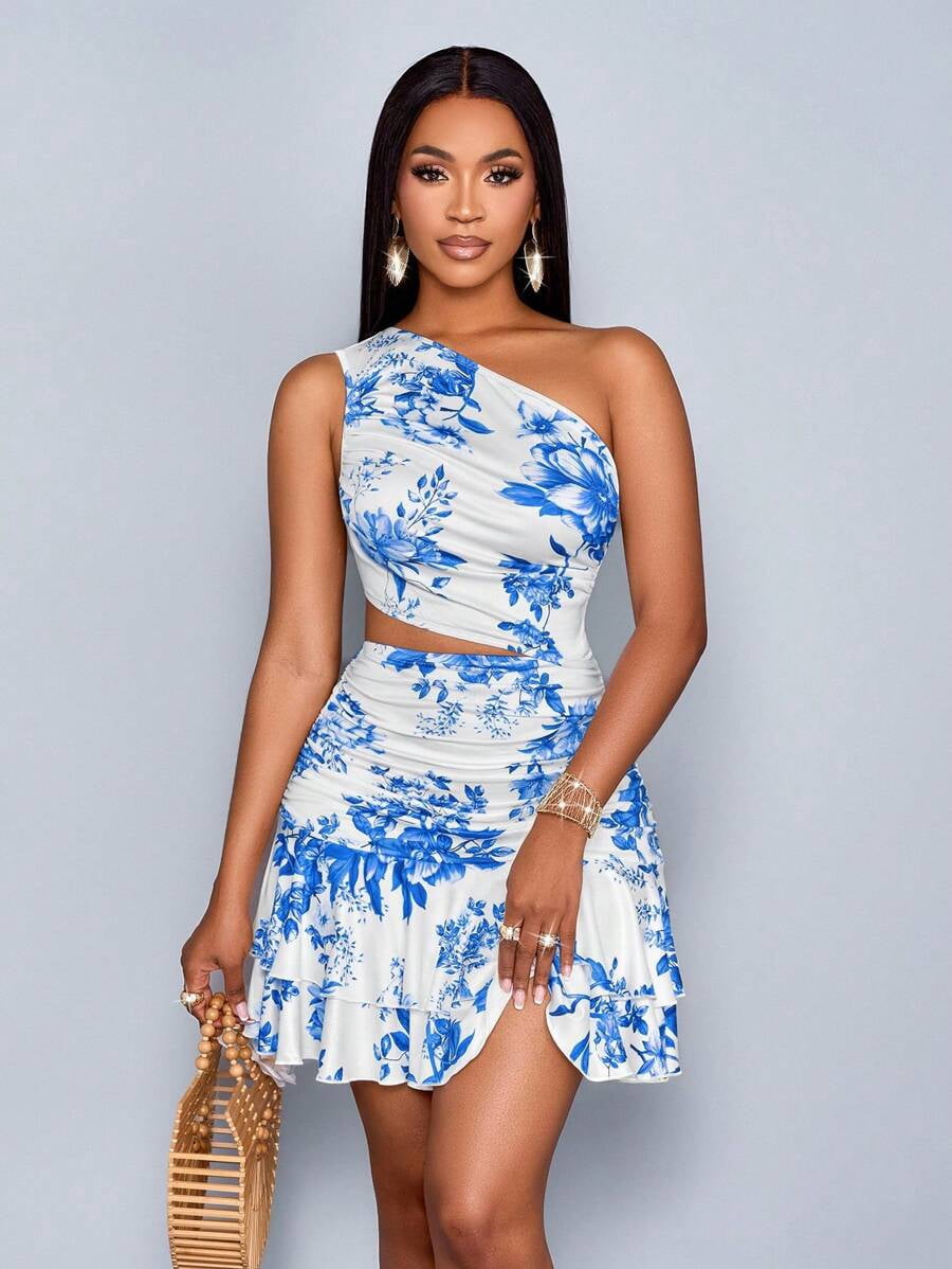 Blue And White Floral One-Shoulder Cutout Mini Dress With Ruched Waist ...