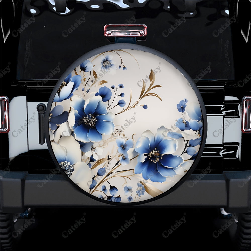 Blue And White Floral Polyester Universal Spare Wheel Tire Cover Wheel ...