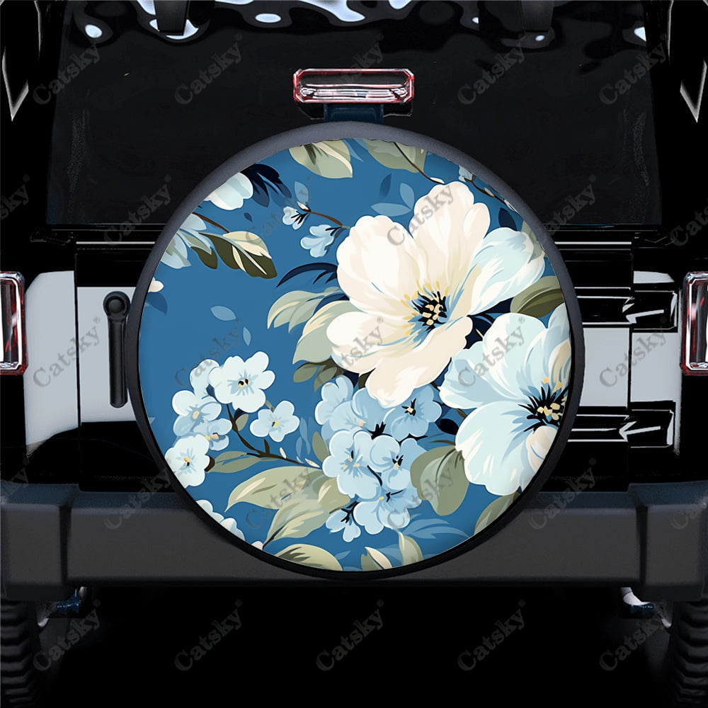Blue And White Floral Polyester Universal Spare Wheel Tire Cover Wheel ...