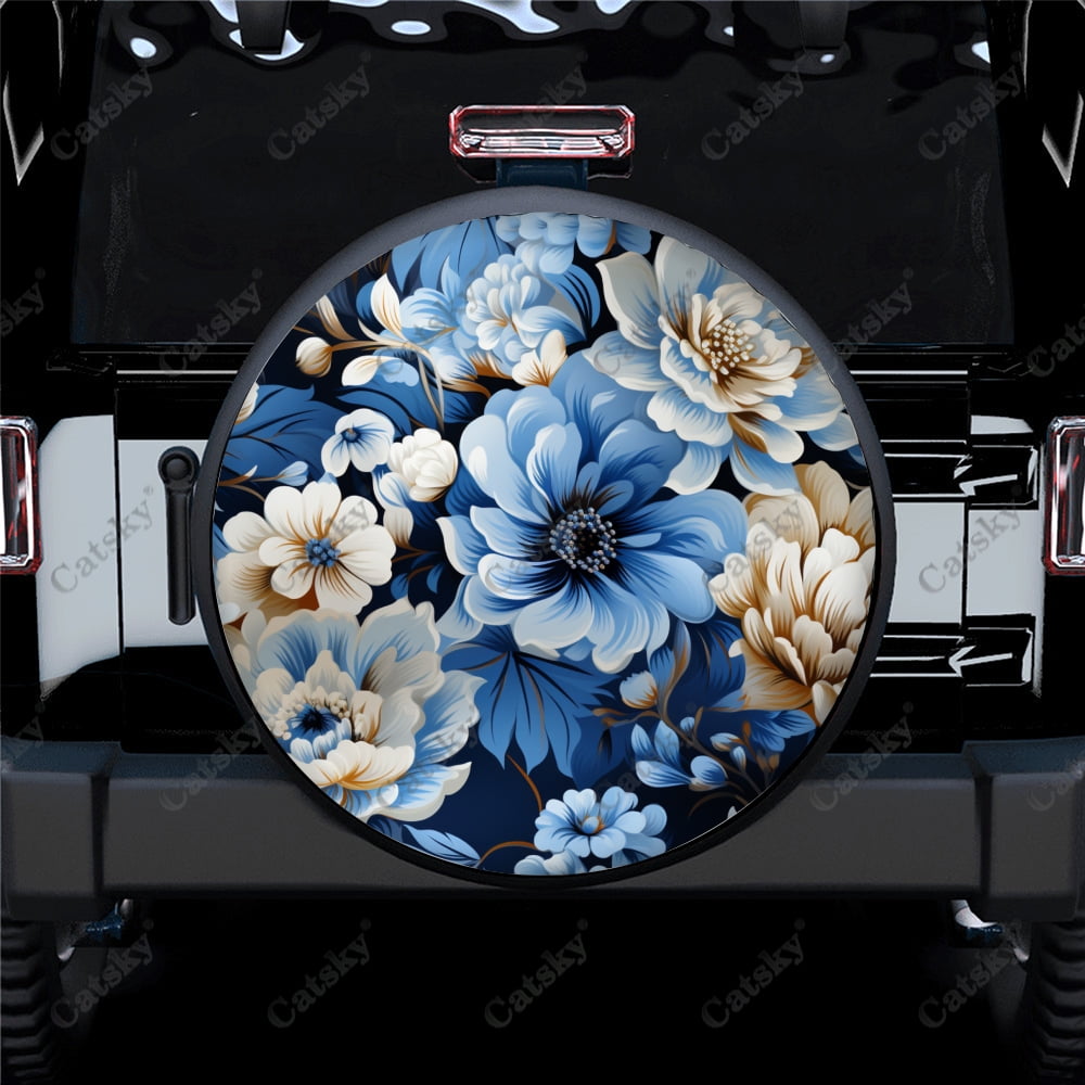 Blue And White Floral Polyester Universal Spare Wheel Tire Cover Wheel ...