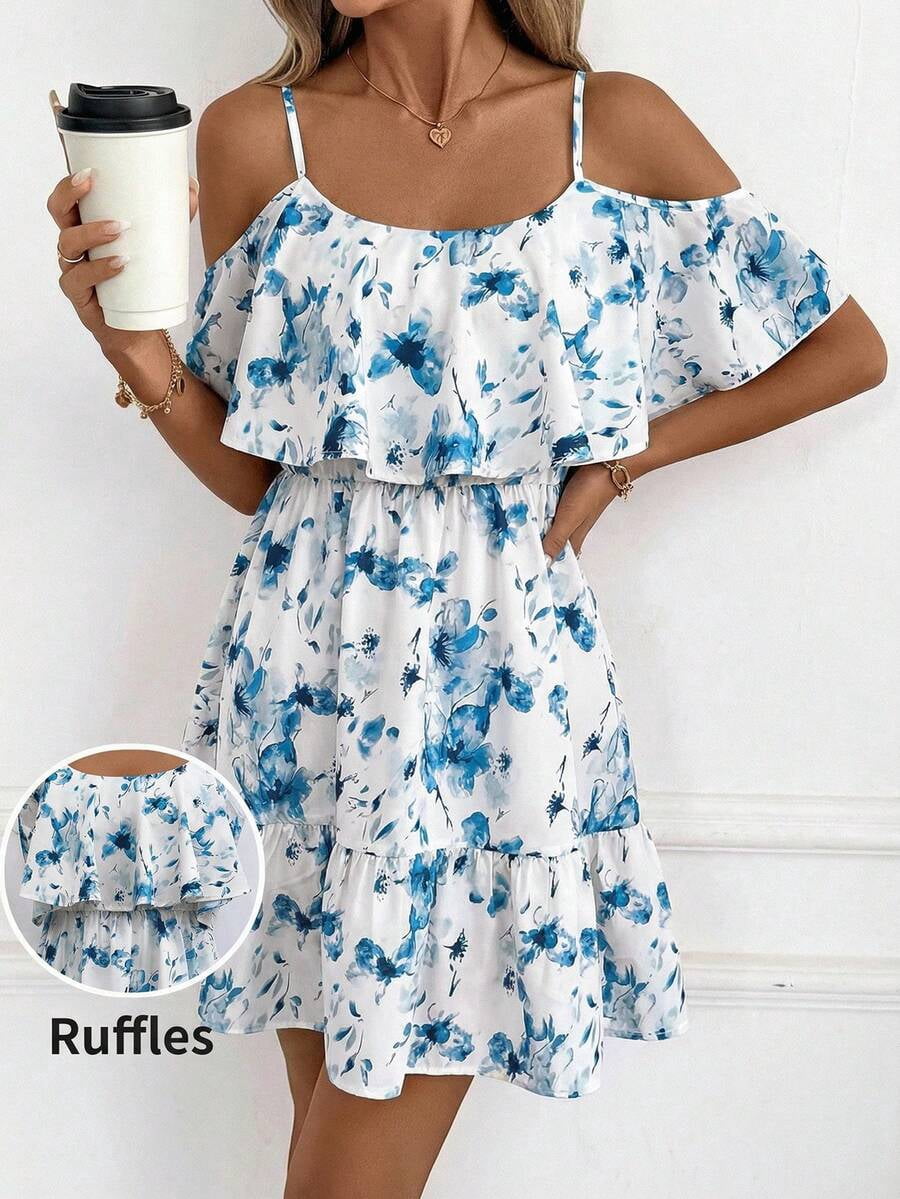 Blue And White Floral Print Off-Shoulder Ruffle Mini Dress For Women ...