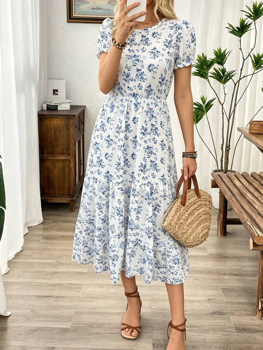 Blue And White Floral Print Ruffle Hem Midi Dress With Puffed Sleeves ...