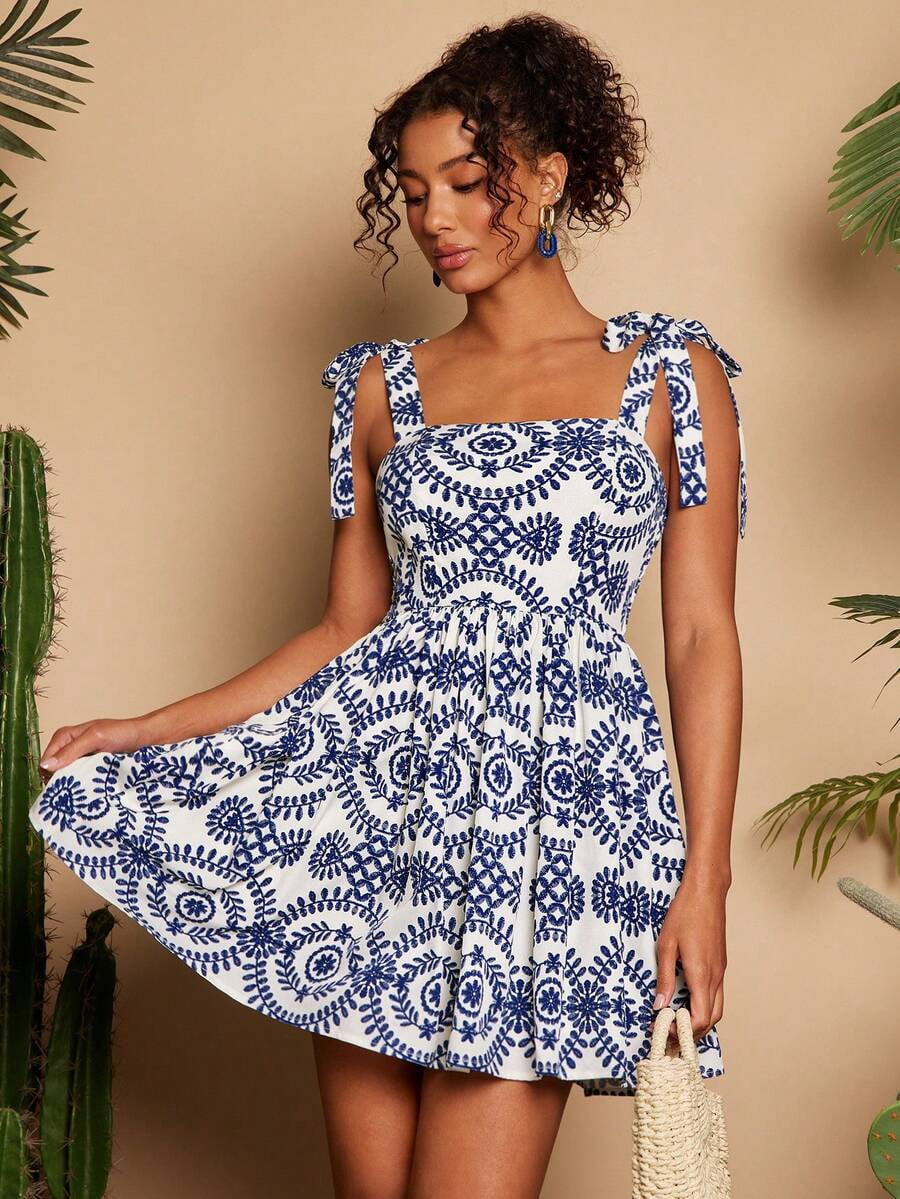 Blue And White Floral Print Square Neck Tie-Shoulder Ruched Mini Dress ...
