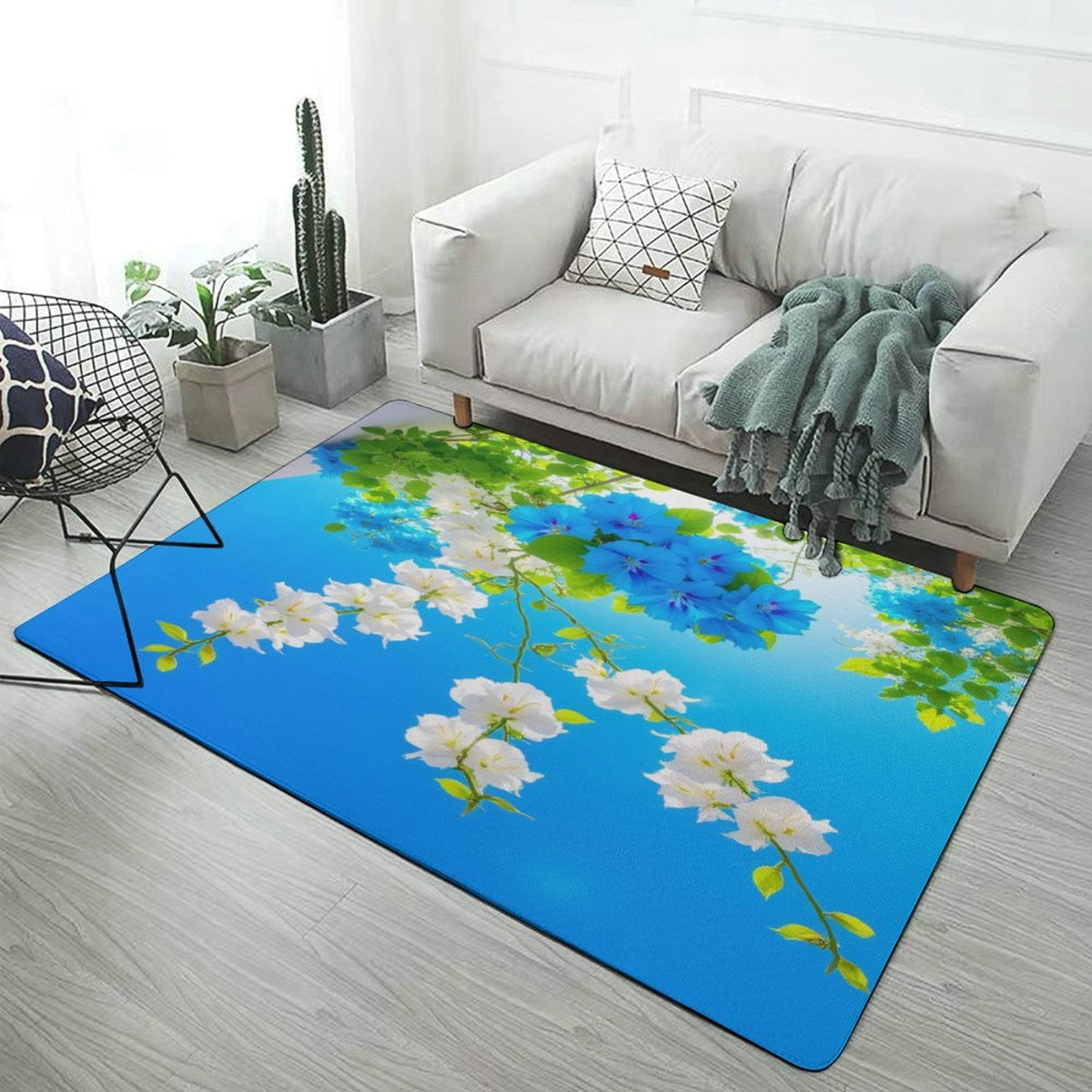 Blue And White Floral Sky Carpet Style Living Room Bedroom Rug Soft ...