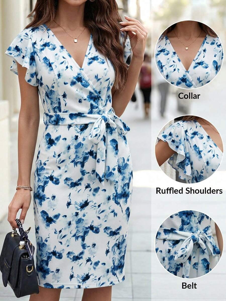 Blue And White Floral V-Neck Ruffle Sleeve Wrap Midi Dress - Walmart.com