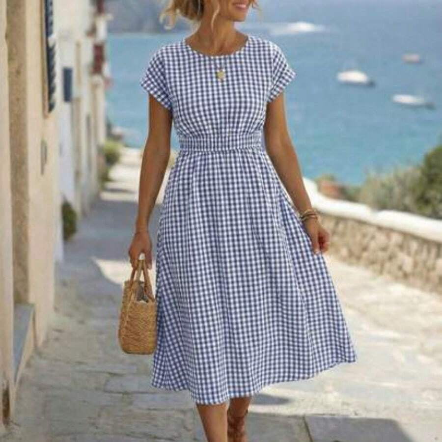 Blue And White Gingham Print Round Neck Short Sleeve A-Line Midi Dress ...