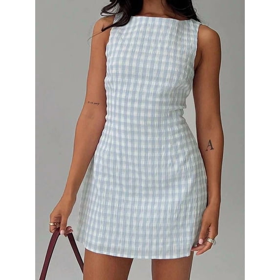 Blue And White Gingham Sleeveless Bodycon Mini Dress With Square Neck A ...