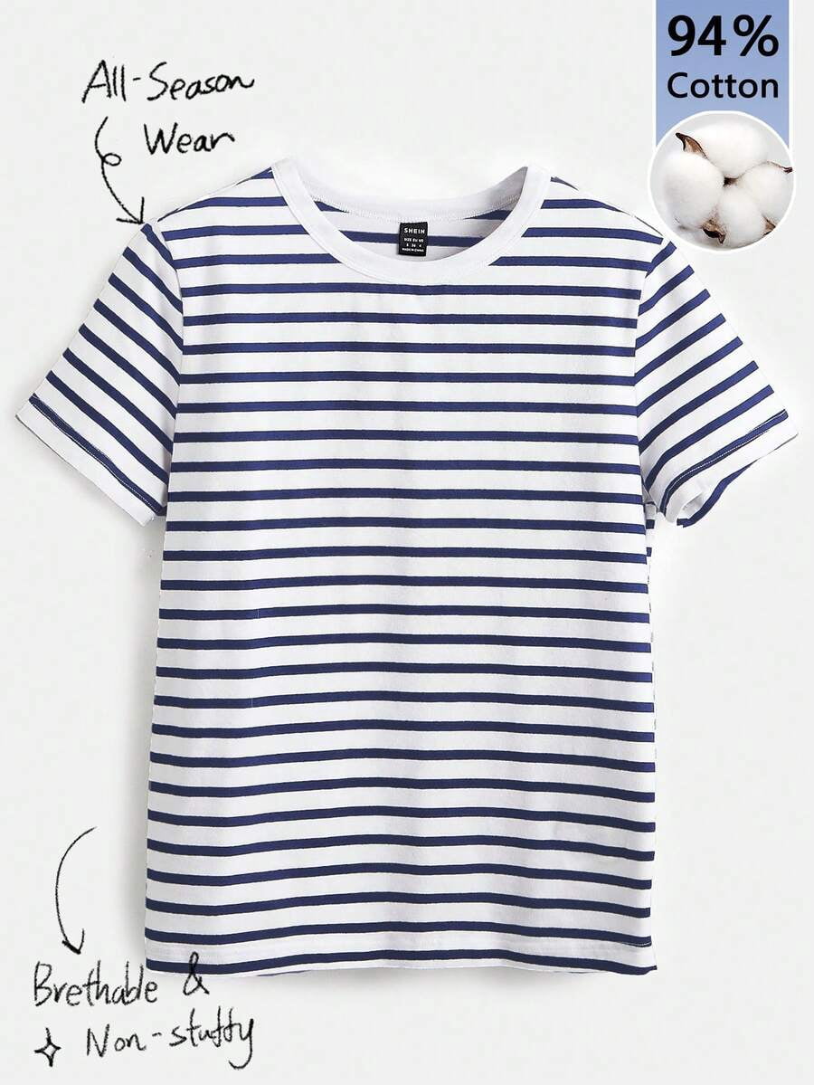 Blue And White Horizontal Striped Crew Neck Cotton Tee For Women ...