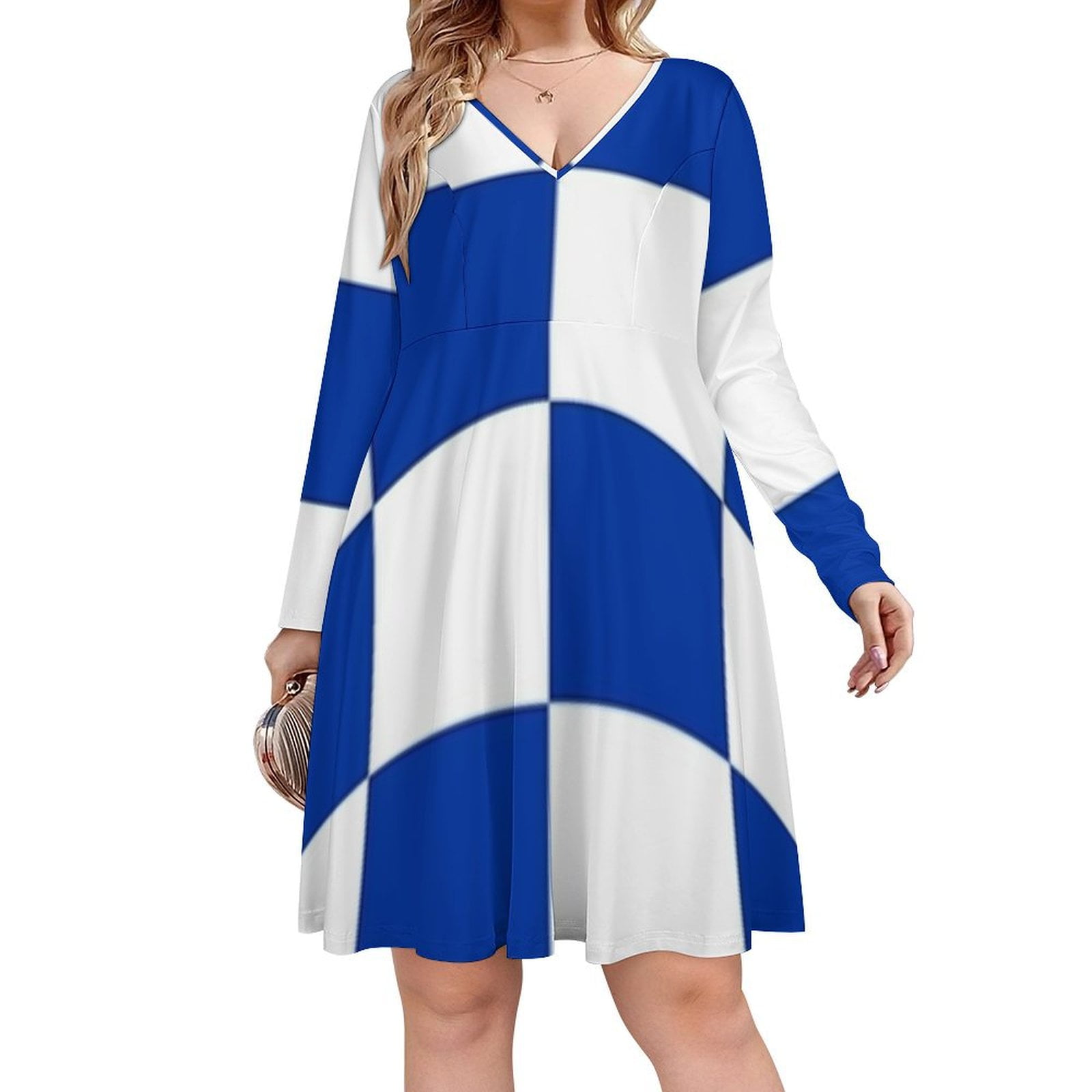 Blue And White Kentucky Checkerboard Long Sleeve Dresses For Women Vintage Elegant Party Dress ...
