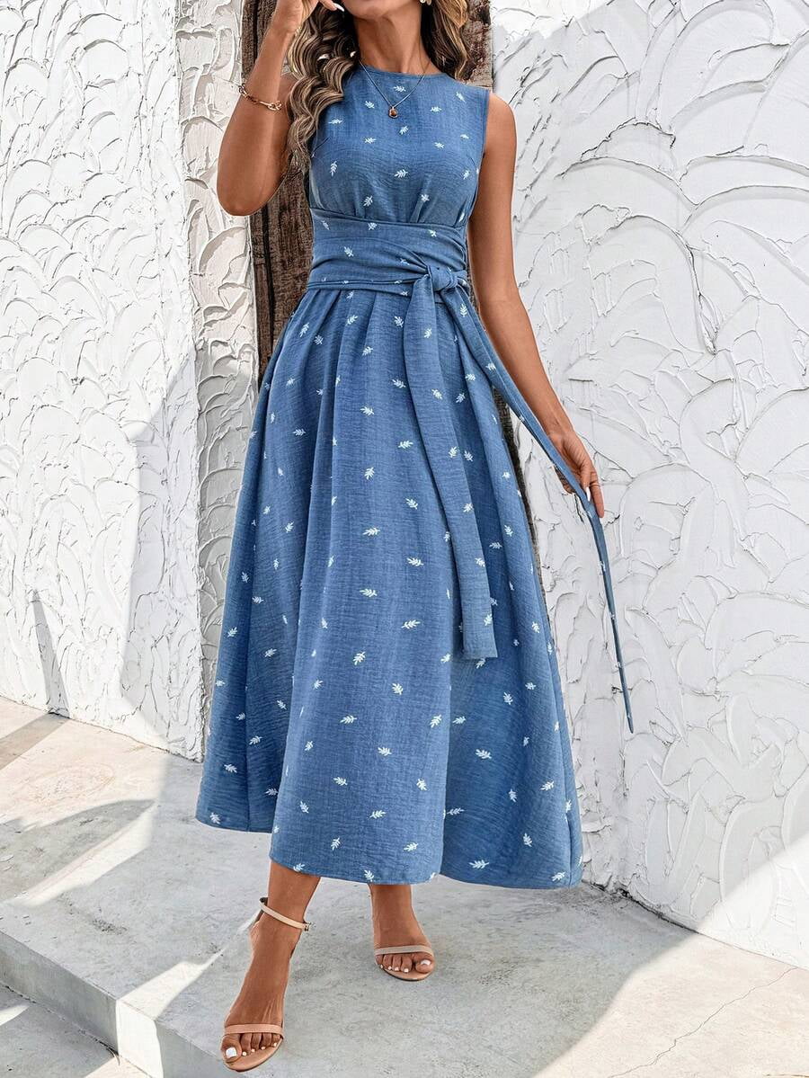 Blue And White Linen Floral Print Tie Waist Sleeveless A-Line Maxi ...