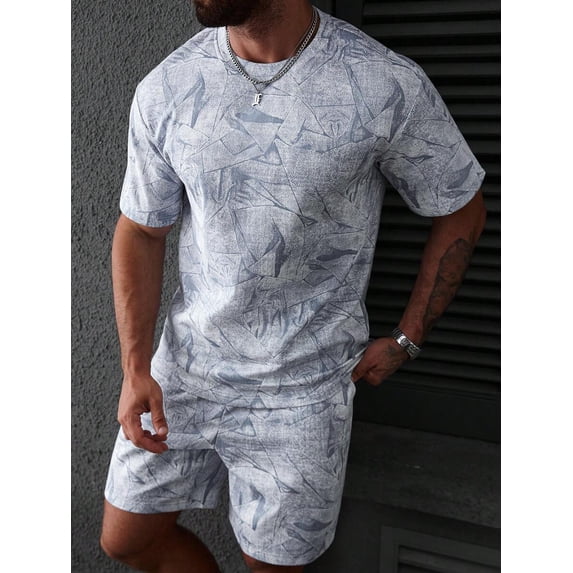 Blue And White Mens Casual All-Over Geometric Print Round Neck Short ...