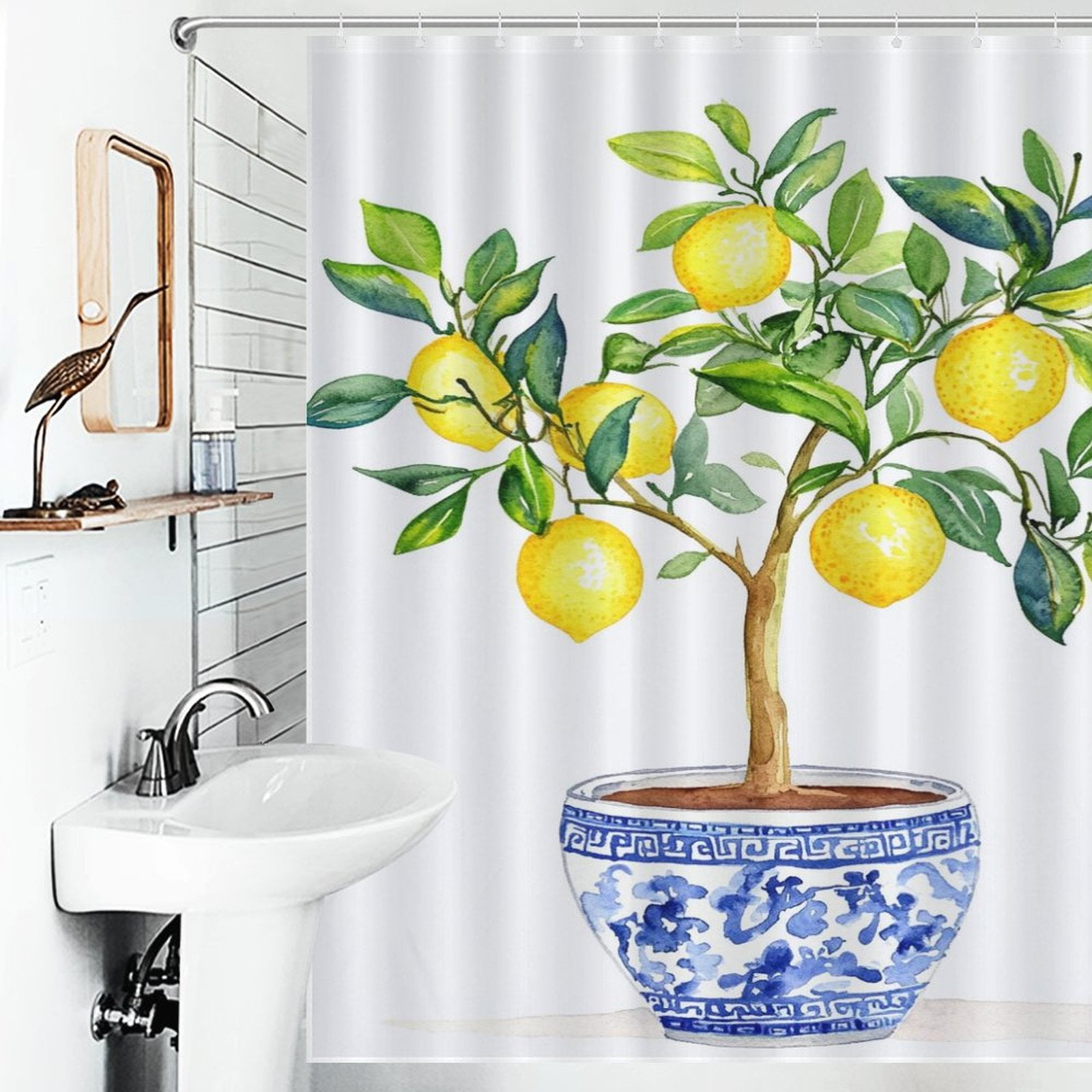 Blue And White Pattern Pot with Lemon TreeShower Curtains for Bathroom ...