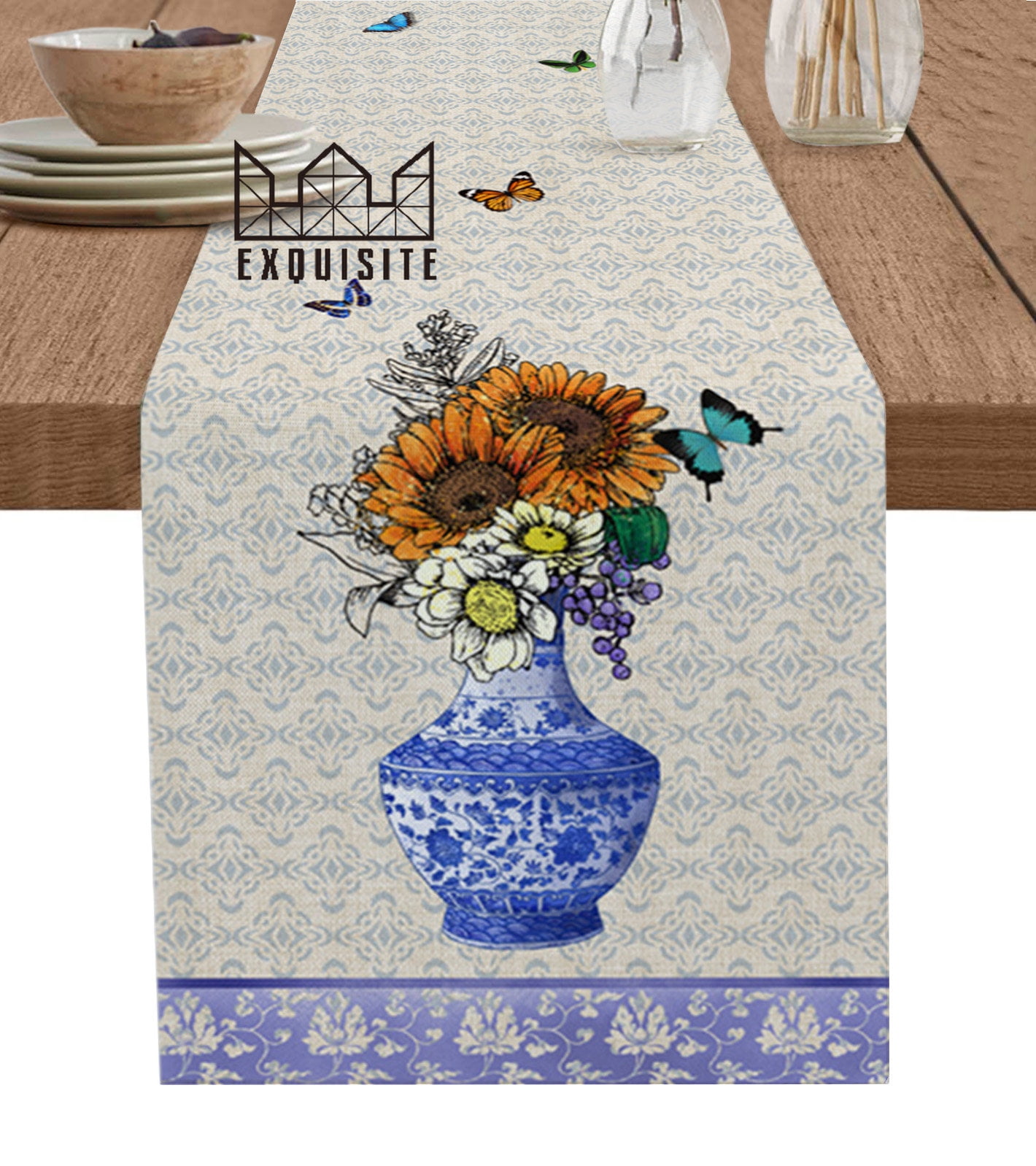 Blue And White Porcelain Butterfly Retro Flower Table Runner Wedding ...