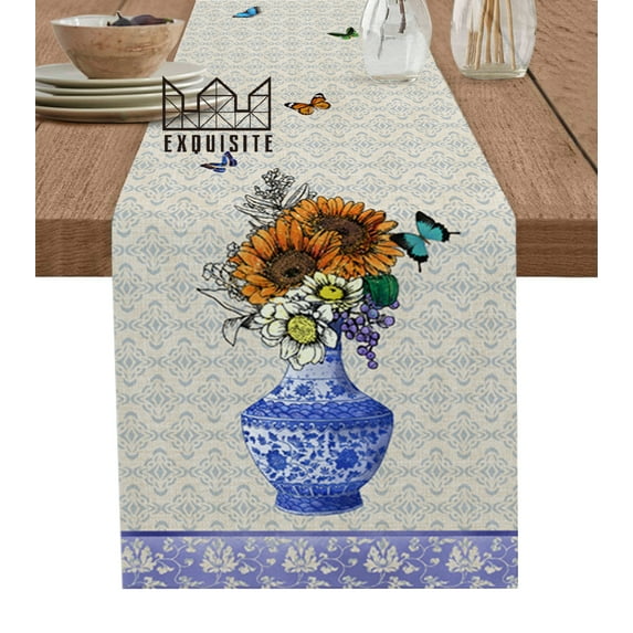 Blue And White Porcelain Butterfly Retro Flower Table Runner Wedding ...