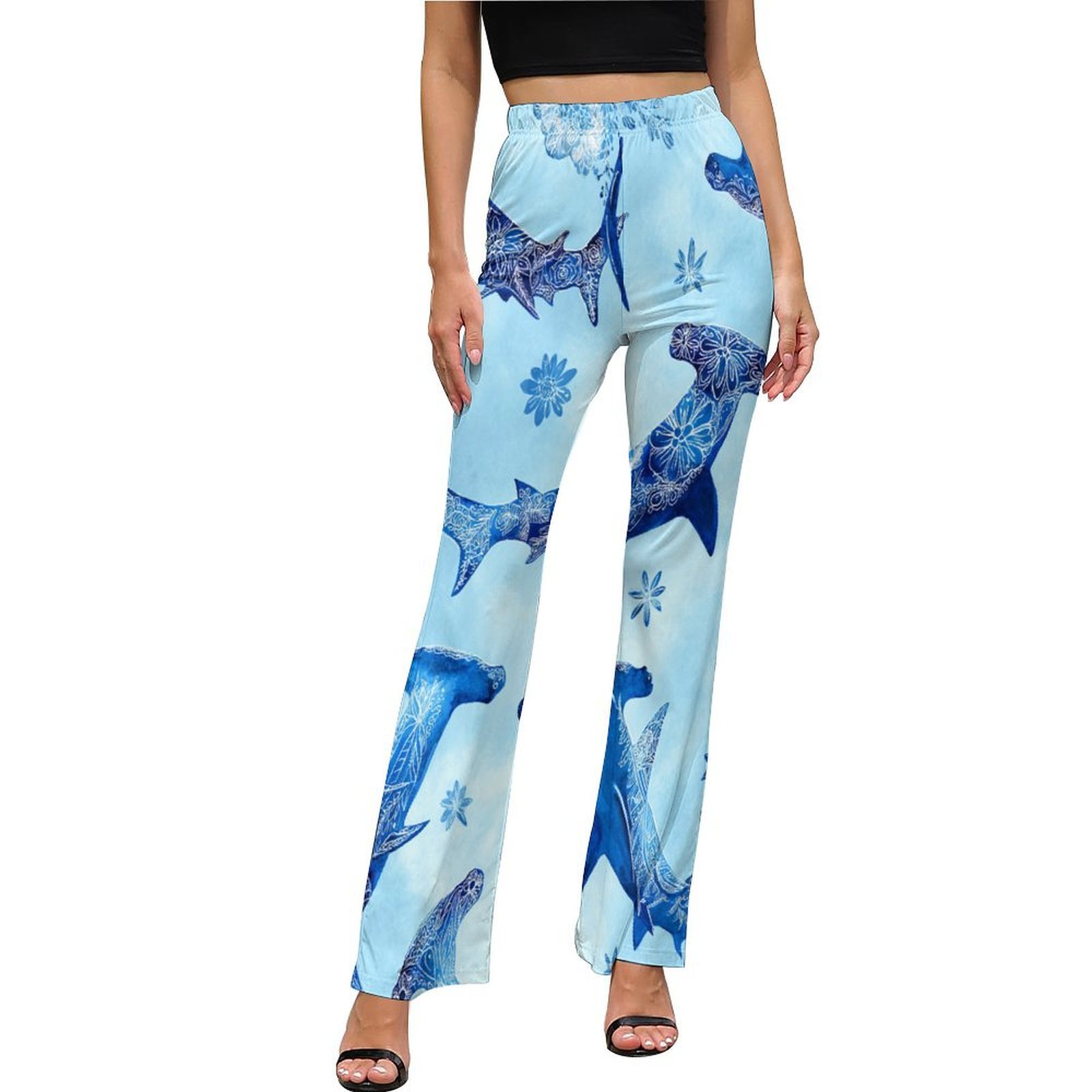 Blue And White Porcelain Hammerhead Shark High Waisted Casual Flared ...