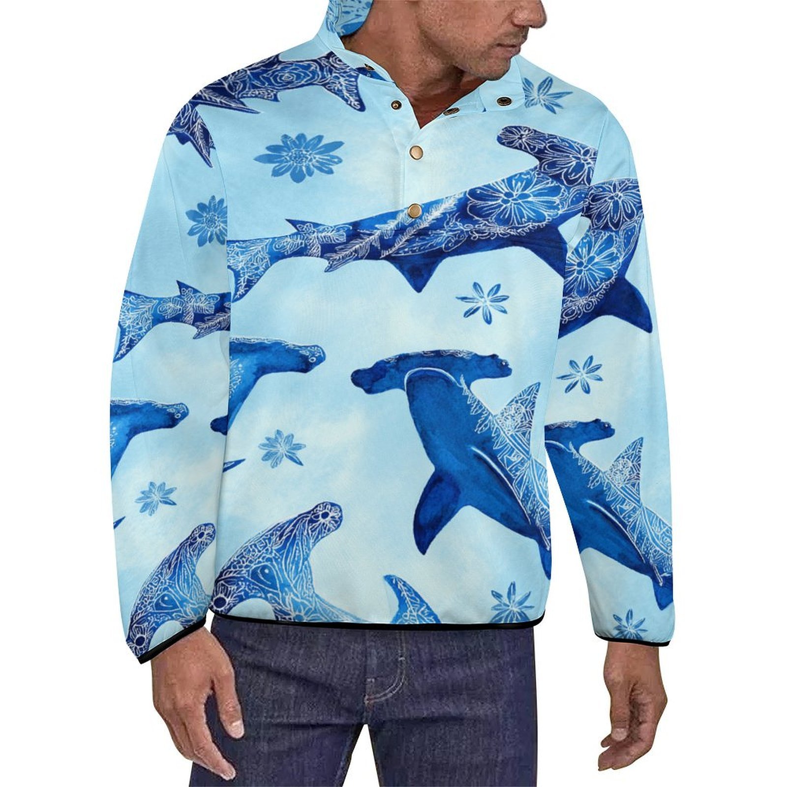Blue And White Porcelain Hammerhead Shark Men's Stand Collar Sweater ...