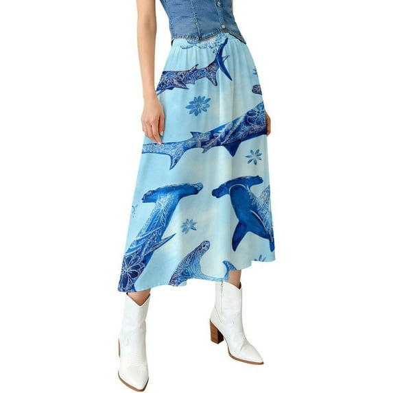 Blue And White Porcelain Hammerhead Shark Women High Waist Midi Skirt ...