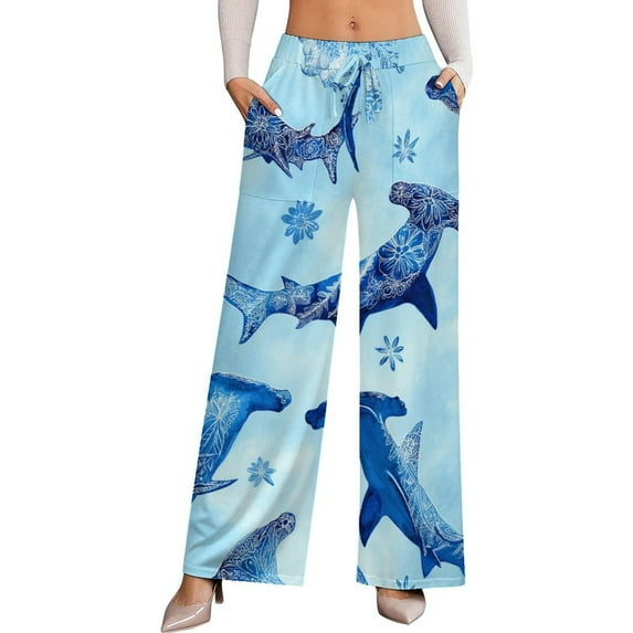 Blue And White Porcelain Hammerhead Shark Women's Casual Wide Leg Pants ...