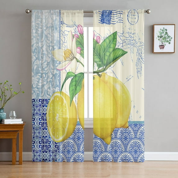 Blue And White Porcelain Lemon Sheer Curtains For Living Room Bedroom ...