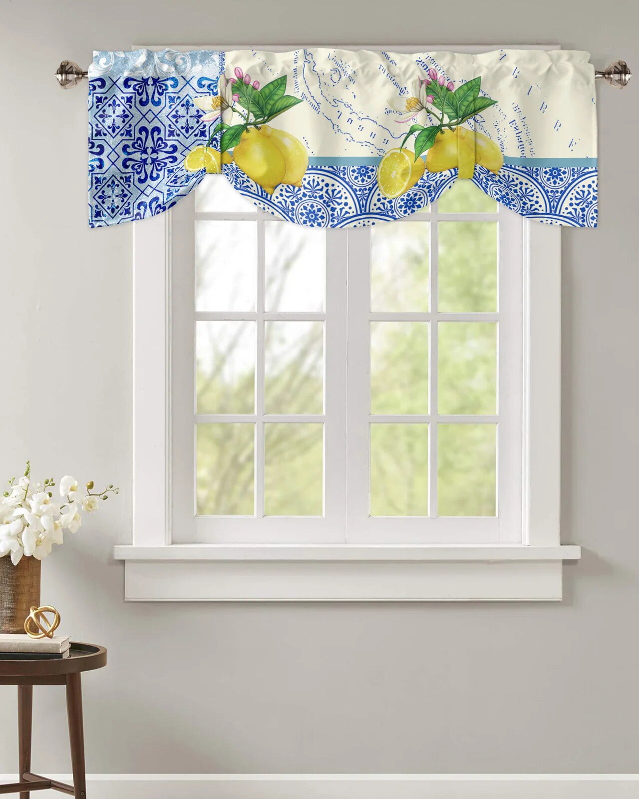 Blue And White Porcelain Texture Map Lemon Window Valance Curtain Kitchen Cafe Short Curtains ...