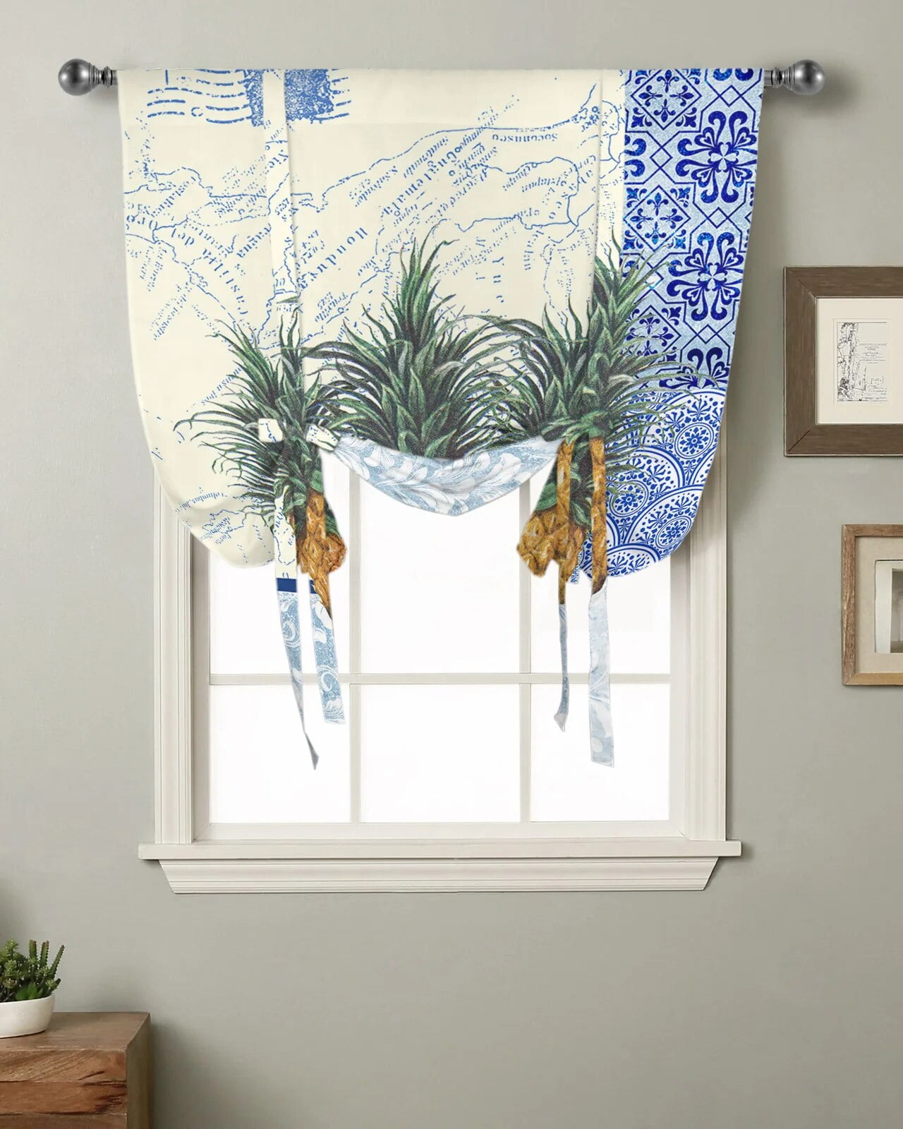 Blue And White Porcelain Texture Pineapple Kitchen Short Window Curtain ...